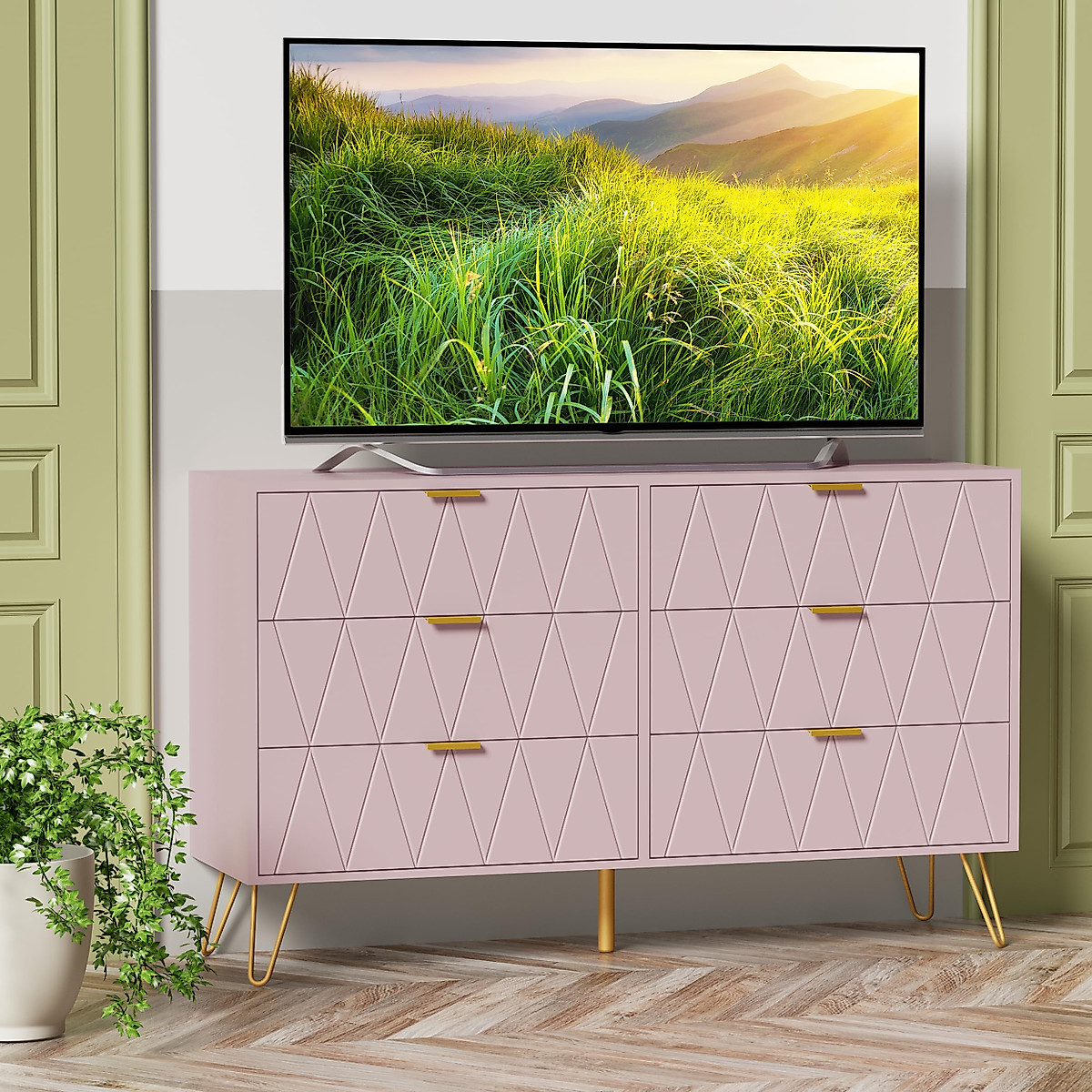 UEV 6 Drawer Dresser for Bedroom,Pink Dresser with Wide Drawers and Metal Handles,Modern Dresser Chest for Bedroom,Living Room,Entryway(Large Pink)