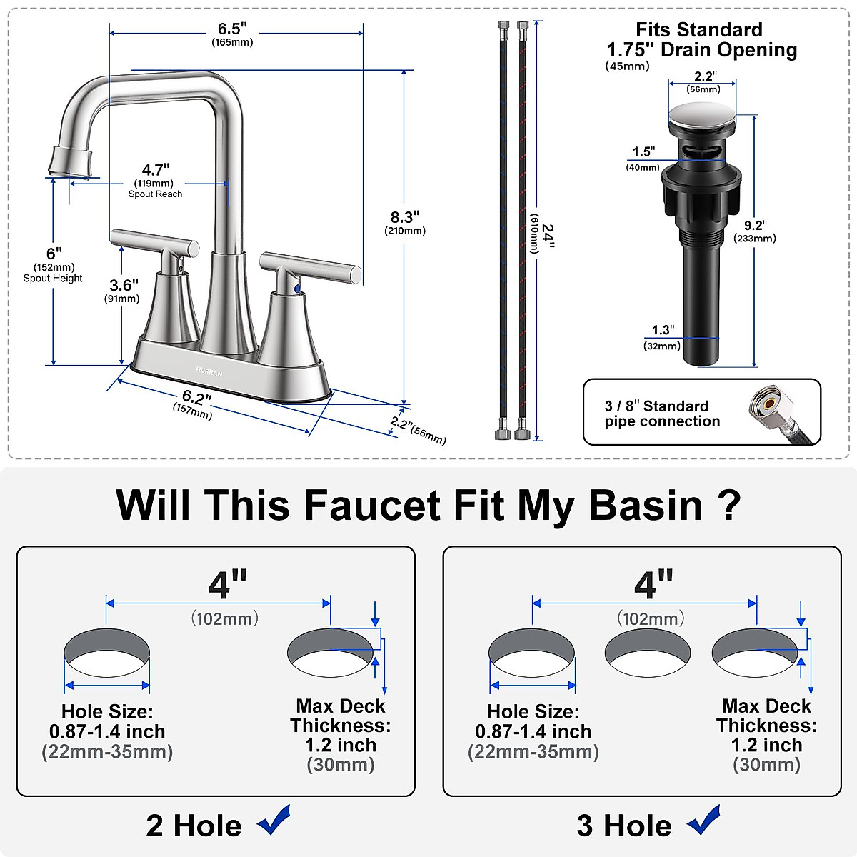 Bathroom Sink Faucet, Hurran 4 inch Brushed Nickel Bathroom Faucets for Sink 3 Hole with Pop-up Drain and Supply Lines, Stainless Steel 2-Handle Centerset Faucet for Vanity RV Restroom