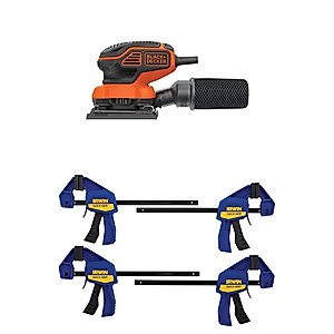 BLACK+DECKER Electric Sander, 1/4-Inch Sheet, Orbital with IRWIN QUICK-GRIP Clamps, One-Handed, Mini Bar, 6-Inch, 4-Pack (BDEQS300 & 1964758)