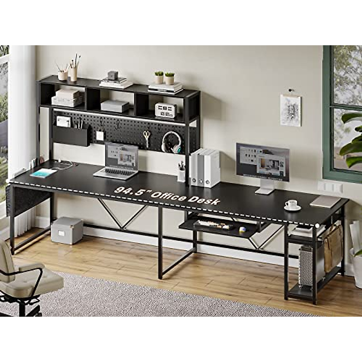 SEDETA L Shaped Gaming Desk, Reversible Computer Desk with Power Outlet and Pegboard, Gaming Desk with Led Lights, Keyboard Tray and Storage Bag for Home Office, Black
