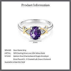 Gem Stone King 2 Tone 10K Yellow Gold and 925 Sterling Silver Oval Checkerboard Purple Amethyst and Lab Grown Diamond Engagement Ring For Women (1.28 Cttw, Available in Size 5,6,7,8,9)