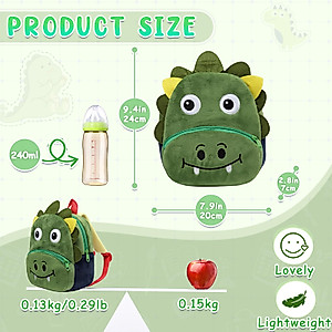 Cute Toddler Backpack for Boys and Girls, KASQO 9.4" 3D Soft Plush Animal Mini Lightweight Travel Bag for Baby 2-6 Years Old, Green Dinosuar