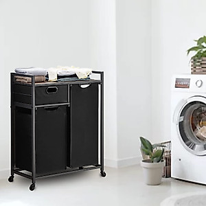 Zevemomo Laundry Basket Hamper with Wheels，2 Laundry Bags & Drawer, Laundry Hamper with Shelf for Laundry，Laundry Room Organization, Rustic Brown and Black