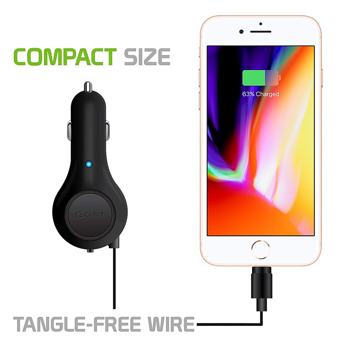 Cellet Retractable iPhone Car Charger with Lighting Cable (Apple MFI Certified) 10-Watt Compatible with iPhone 14 Pro Max Plus Mini SE 13 12 11 Xr Xs X 8 7 6 5 iPad, iPad Pro, iPad Air, iPad Mini