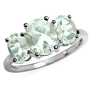 Silvershake 3.32ct. 3 Stone Natural Oval Shape Green Amethyst 925 Sterling Silver Ring Size 7