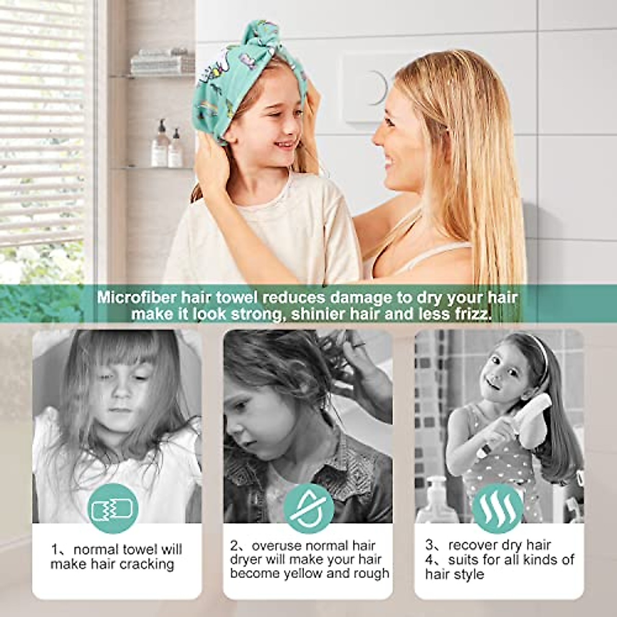 FAISOTY 3Pcs Microfiber Hair Towel for Kids, Quickly Drying Hair Towel with Button Using for Wet Hair Drying for Kids/Girls/Women