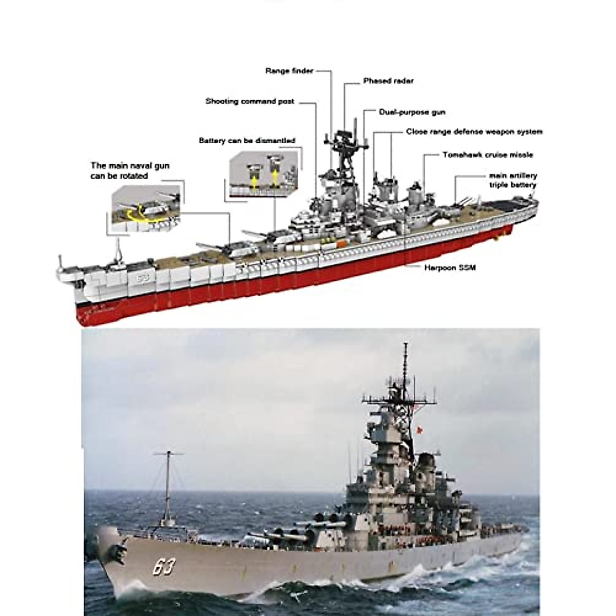 QXB WW2 USS Missouri BB-63 Battleship Model (33 inches 2631 Pieces) Navy World War II Expert Ship Building Blocks Compatible with Lego for Adults