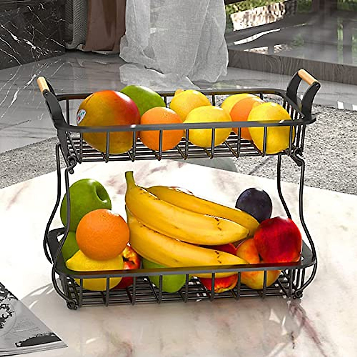 2 Tier Fruit Storage Basket Countertop for Kitchen, Bread Vegetable Farmhouse Fruit Basket Bowl Stand Detachable Metal Wire Basket with Wooden Handle for Kitchen, Reception, Dining Table（Black）