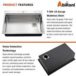 33 Inch Drop In Kitchen Sink Stainless Steel- Abironl 33"x22" Top Mount Kitchen Sink Workstation Ledge 16 Gauge Stainless Steel Kitchen Sink Single Bowl Kitchen Sink with Accessories