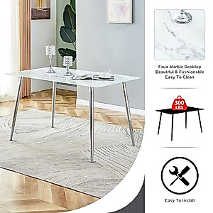 TesNus 50 inch Marble Dining Table, Modern Rectangular Faux Marble Dining Table with Black Metal Legs for Kitchen Dining Living Room (White-a)