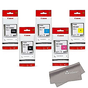 PFI120 Canon Genuine Pfi-120 5 Pack Set of 5 Colors Ink Tanks 1 of Each Pfi120MBK, Pfi120BK , Pfi120C , Pfi120Y , Pfi120M by Canon + InkSAVER™ Microfiber LCD Screen Cleaning Cloth