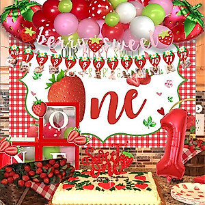 Hombae Strawberry 1st Birthday Party Decorations, Berry Sweet One Berry First Birthday Party Decorations Backdrop Balloon Garland Glitter High Chair Banner Boxes Crown Poster Pink White Red