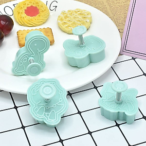 NentMent 4 Pack Dinosaur Cookies Cutter Mold 3D Biscuit Embossing Mould Fondant Cakes Cutters Animal Crackers Spring Stamp Plunger Cutter DIY Dino Forms for Sugar Pastry Cake Kitchen Tools (Green)