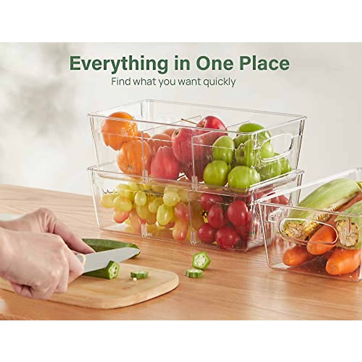 Kootek 4 Pack Clear Pantry Organization and Storage Bins, Freezer Organizer Bins Stackable Food Storage Organizer Bins with Handles Removable Dividers for Kitchen, Refrigerator, Cabinet