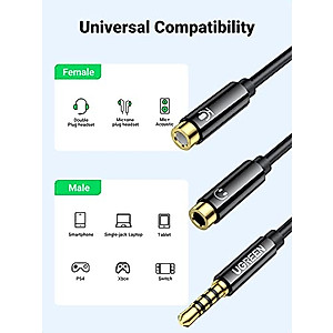 UGREEN Headphone Splitter 3.5mm 4 Pole TRRS Audio Splitter Mic Y Headset Splitter Stereo Separate Jack Compatible with PS4 Xbox Laptop Phone PC Gaming Headset Black