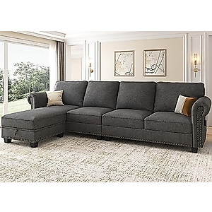 Nolany Convertible Sectional Sofa L-Shape Sectional Couch with Reversible Chaise 4 Seat Sectional Sofa Couch for Small Space Dark Grey