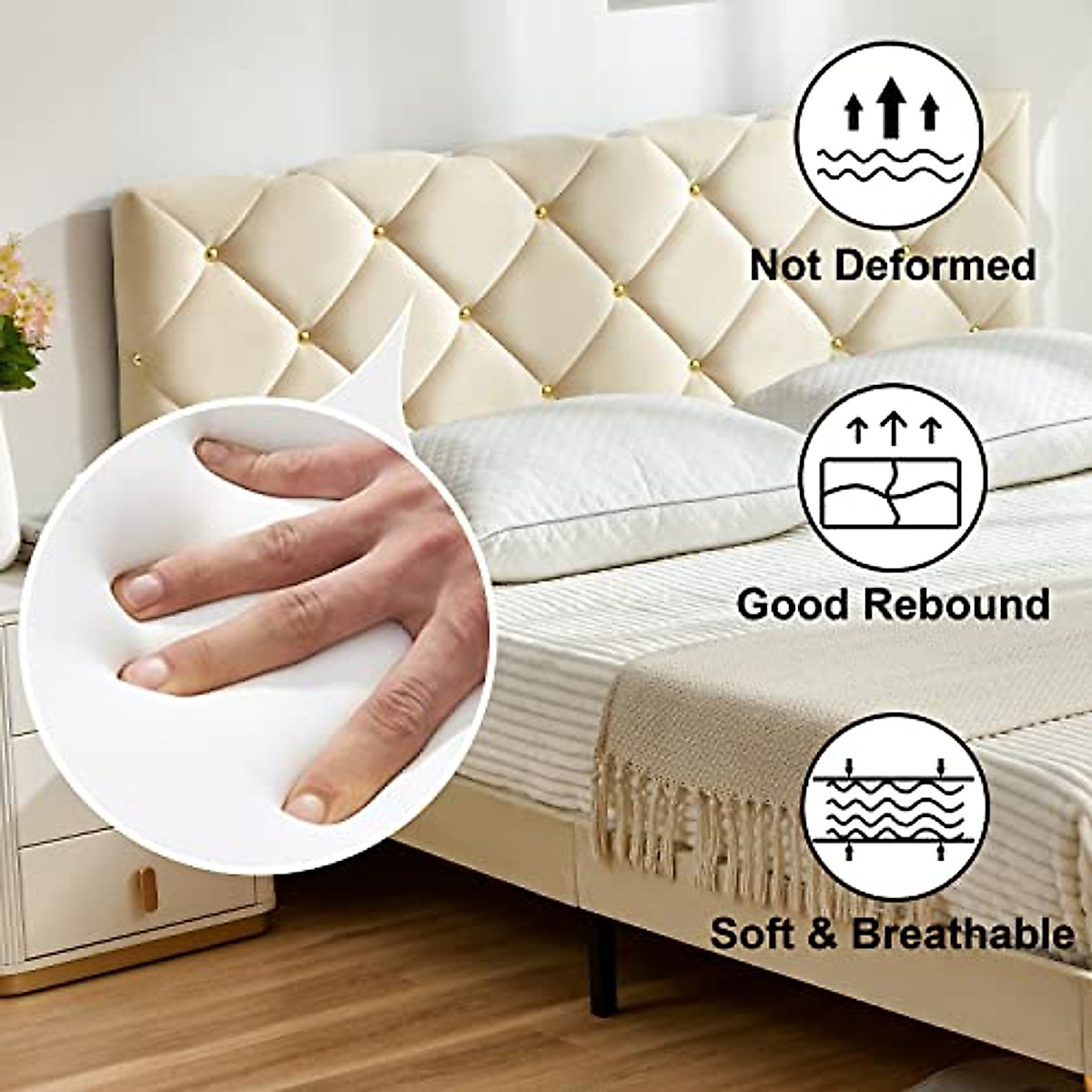 AsKmore Queen Size Bed Frame,Velvet Upholstered Platform with Headboard and Strong Wooden Slats,Non-Slip and Noise-Free,No Box Spring Needed, Easy Assembly,Beige
