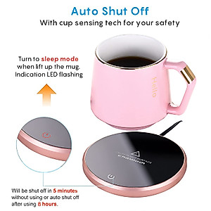 Coffee Mug Warmer & Mug Set, KRGMNHR Smart Coffee Warmer for Desk with Auto Shut Off, Infrared Sensor Technology for Double Safety, Ideal for Gift, Coffee, Tea, Hot Cocoa, Rose Gold Set