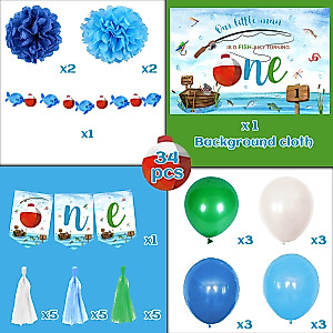 O Fishally One First Birthday Decorations,Gone Fishing Party Supplies Include Fish Bobber Banner,Our Little Man Is Ofishally Turning One Backdrop Balloons for Baby Boy 1st Birthday Supplies