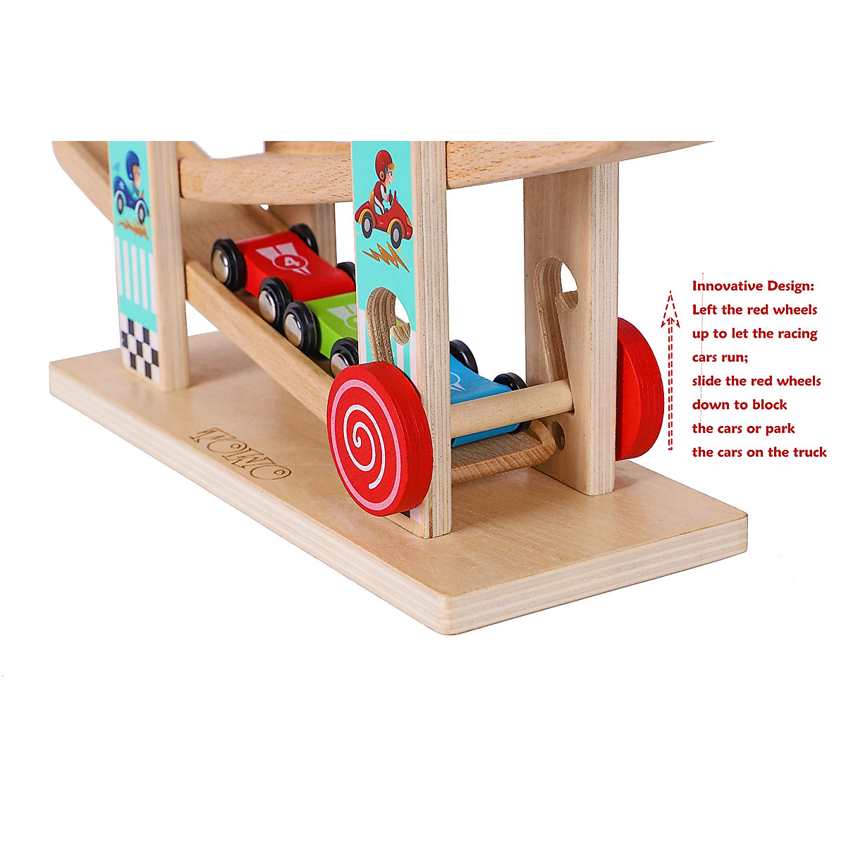 TOWO Pure Wooden Car Ramp - Zig Zag Car Slide Run with 4 Wooden Cars Playsets-Click Clack Track Wooden Car Toys for Toddlers -Racing Car Toys for Kids Boys Girls 2 3 4