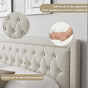 Keyluv King Bed Frame with 2 Storage Drawers and Adjustable Headboard, High-End Fabric Platform Bed with Button Tufted, Wooden Slats No Box Spring Needed/Easy Assembly, Beige