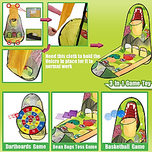 unanscre 3 in 1 Bean Bag Toss Game Toy Outdoor for Kids, Dinosaur Foldable Cornhole Board with Pop Up Basketball Game and Dartboard Set, Gift for Birthday/Xmas Party, Outside Toys for Toddlers Age 3+