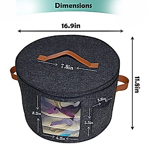 Hat Storage Box for Women and Men, 17"D Large Hat Box with Dustproof Lid & Clear Window, Felt Round Foldable Hat Box Travel Case Portable Hat Organizer Container, Stuffed Animal Toy Storage -Dark Grey