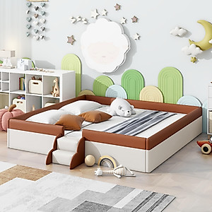 HoRunzelin King Size Soft Floor Bed with Stairs, PU Leather Upholstered Grounded Daybed, Low Profile Montessori Bed with Slat Support for Kids Boys Girls Teens Adults,Brown+White