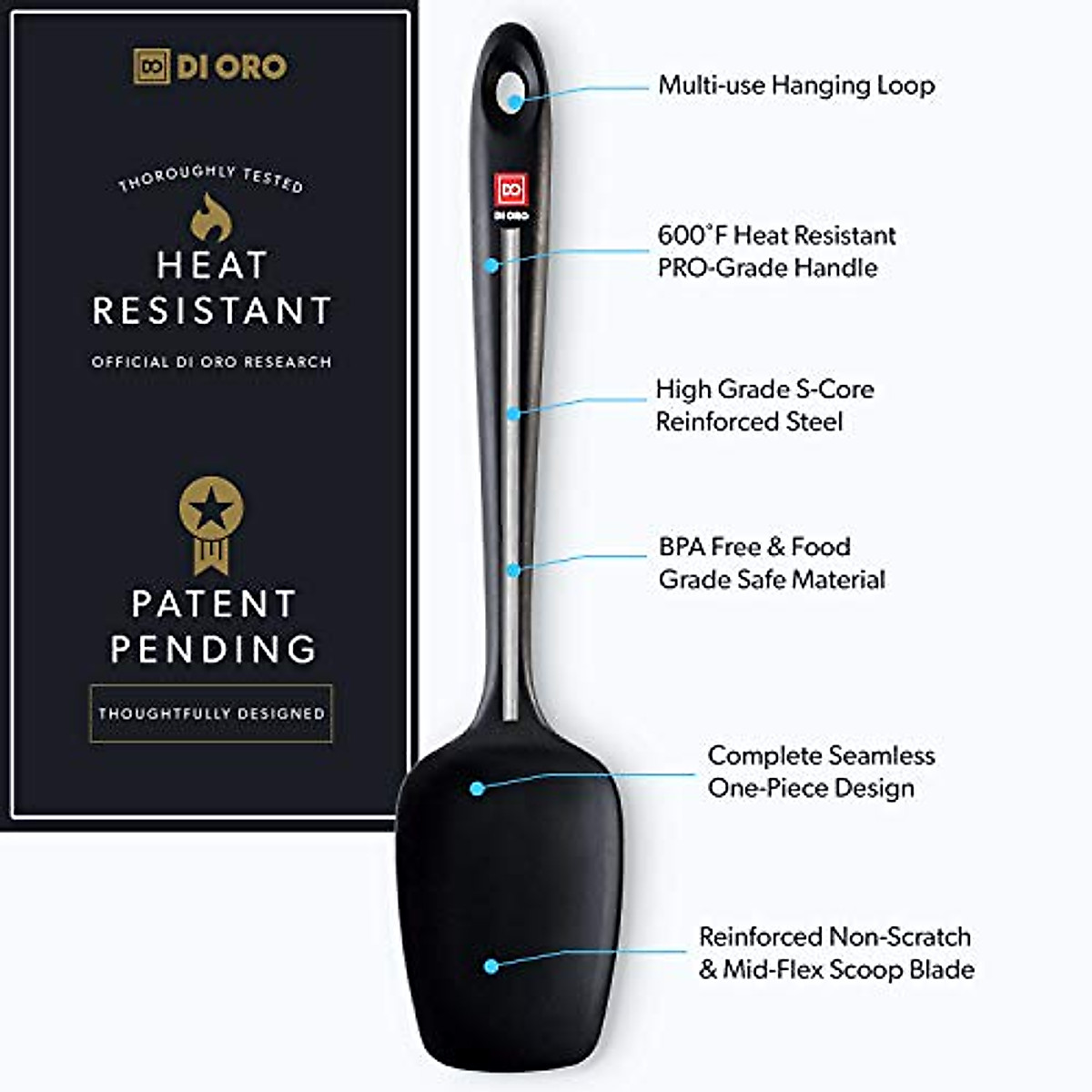 DI ORO Seamless Series Silicone Spoon Spatula - BPA Free Pro-Grade Non-Stick 600ºF Heat-Resistant Rubber Spoonula - Versatile Silicone Kitchen Scraper Utensil for Baking and Cooking (Black)