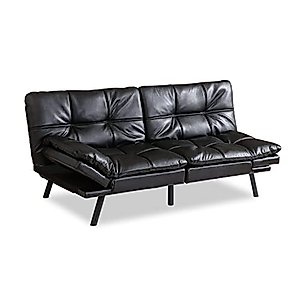 Opoiar Futon Sofa Bed Couch with Frame and Mattress,Black Faxu Memory Foam Leather Futon Split seat, Folding Modern Sleeper Sofa Love seat for Small Space/Drom/Office/Apartment