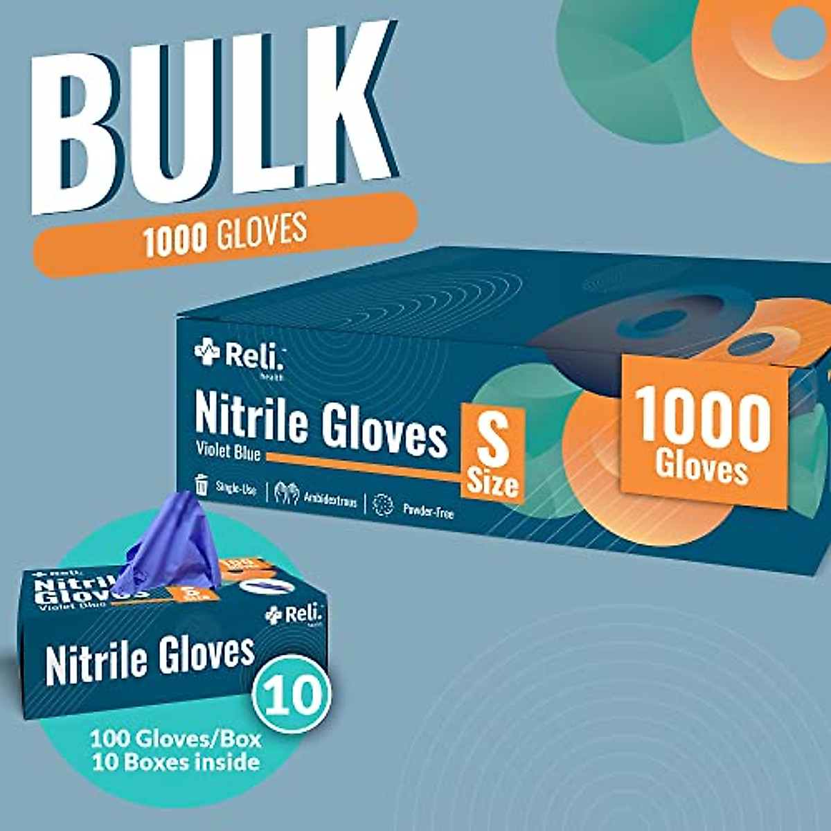 Reli. Nitrile Gloves, Small | 1000 Pack Bulk - Violet Blue | Disposable Gloves - Powder Free, Latex Free |Single-Use Nitrile for Cleaning, Automotive, Salon| Iris Blue, Food Safe