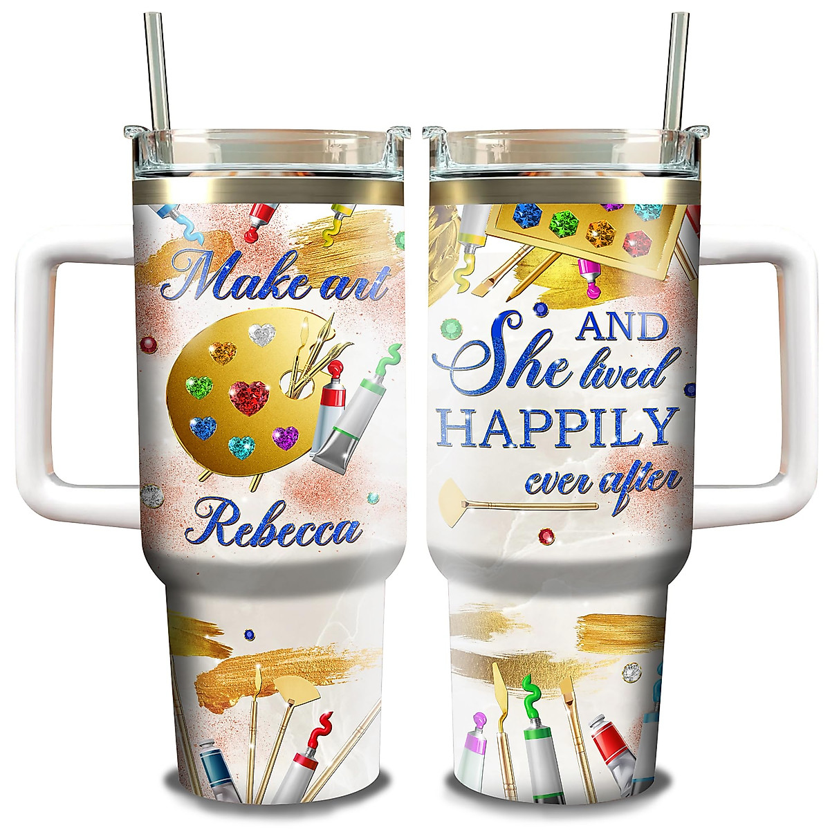 WAZONE Personalized Make Art And She Lived Happily Ever After Stainless Steel Tumbler 40oz with Handle and Straw Insulated Gifts Cool For Girl Painting Lover Painters Artists Teachers