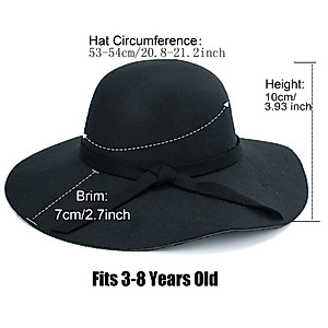 Wide-Brim Kids Girls Floppy-Hat Vintage Fedora Hats for Girl Boho Felt Bowler-Cap 3 to 8 Years (3-8 Years, Black)