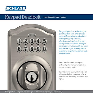 Schlage BE365 V CAM 619 Camelot Keypad Deadbolt, Electronic Keyless Entry Lock, Satin Nickel