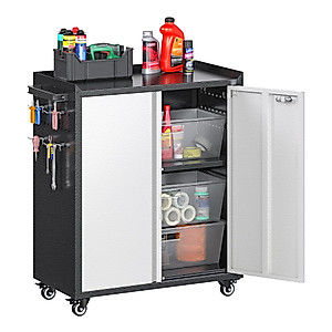 Aobabo 31.5" H Metal Storage Cabinet with Wheels, Locking Steel Rolling Tools Chest with Handle, Garage Tool Storage Cabinet with 1 Shelves 2 Side Pegboards and 4 Hooks,Assembly Required, Black Grey