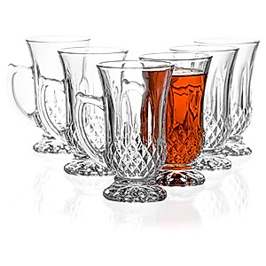 Red Co. 6-Pack Classic Clear Cut Glass 4.5 Oz Footed Turkish Tea Cups with Handles, Etched Design