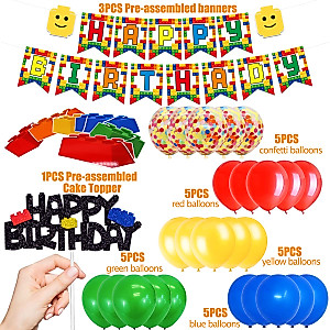 Building Blocks Themed Birthday Party Decorations Pack - Includes Glitter Cake Topper Banners and Balloons - Summer Colorful Themed Bday Party Pack Supplies