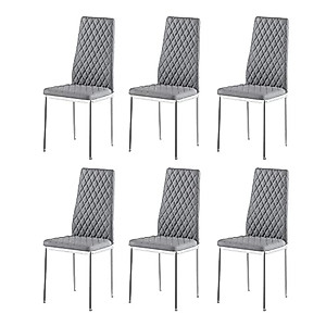 Hommoo PU Leather Dining Chairs Set of 6 Modern Kitchen Chairs with Grid Pattern and Electroplate Solid Metal Legs Armless Side Chairs for Home Living Room Kitchen Dining Room Grey