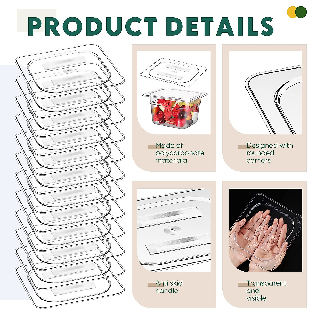 Yinkin 12 Pcs Polycarbonate Food Pan Lids with Handle, 1/6 Size Clear Hotel Pan Lid Plastic Hotel Pan Cover for Restaurant Food Container and Storage, 6.9 x 6.3 Inch
