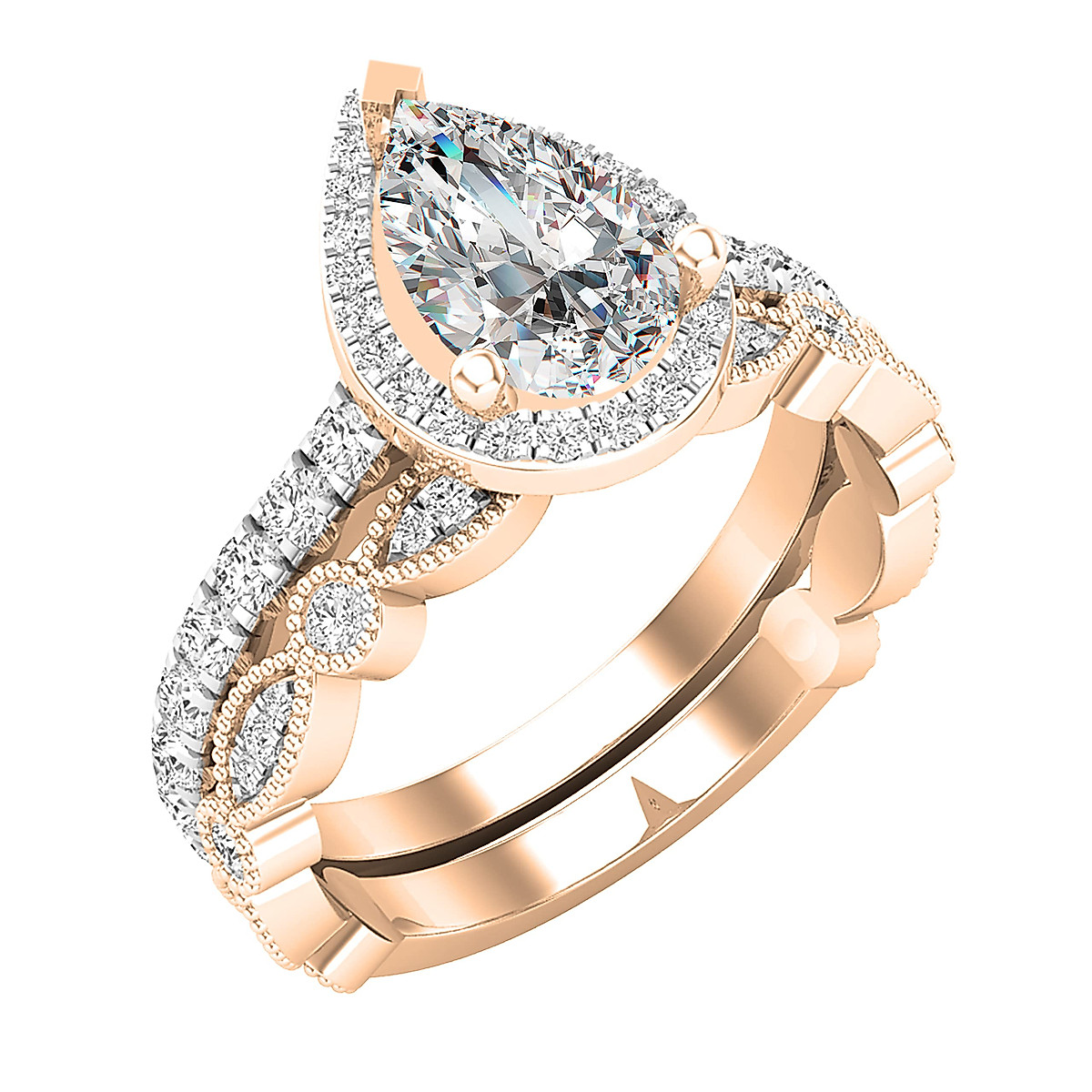 Dazzlingrock Collection 9x6mm Pear Cubic Zirconia & 0.80 Carat Round White Diamond Alternate Marquise Shaped Miligrain Engagement Ring Set for Women in 14K Solid Rose Gold Size 4.5