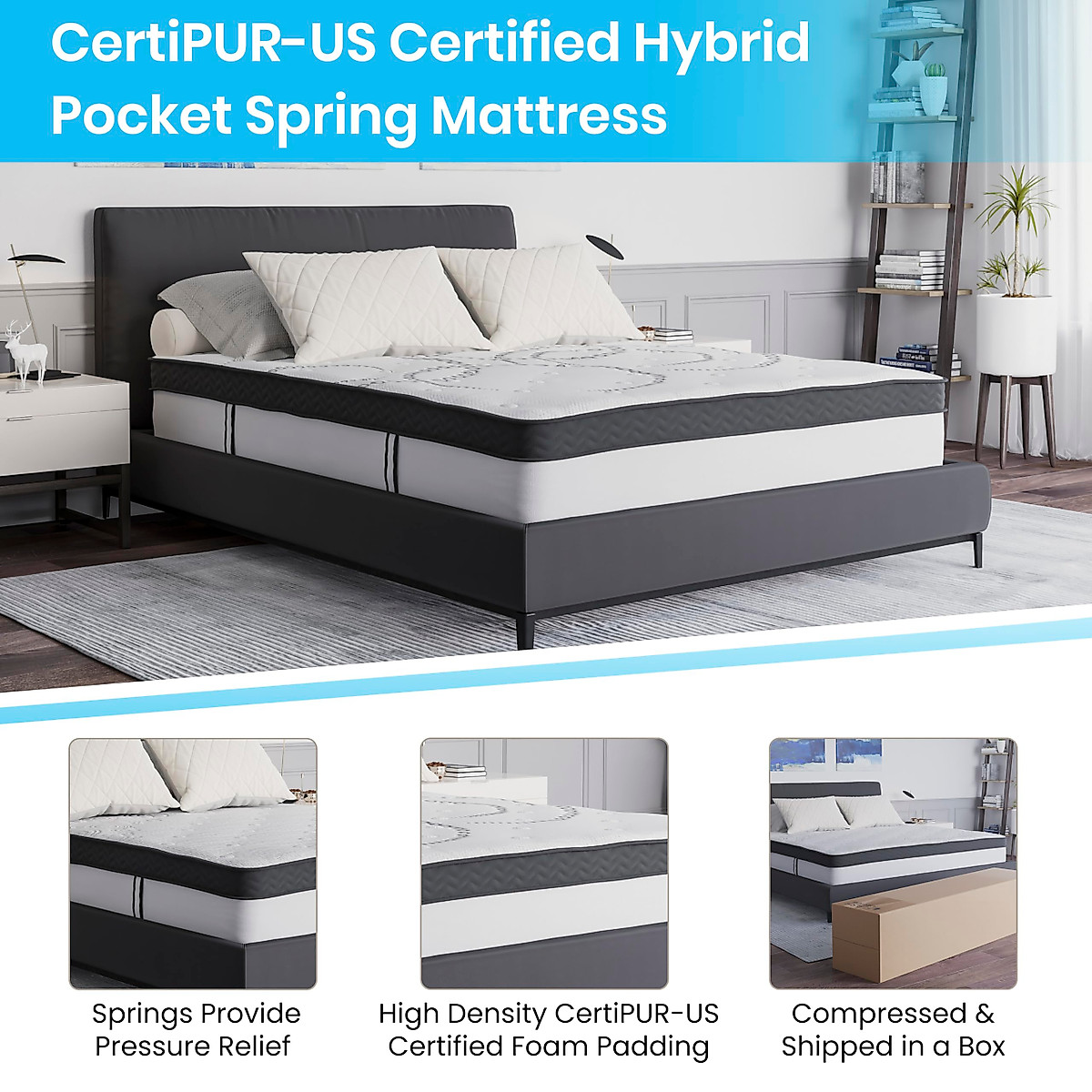 EMMA + OLIVER Astor 12 Inch CertiPUR-US Certified Hybrid Pocket Spring Mattress, Queen Mattress in a Box