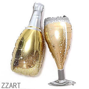 ZZART 4 Pcs Large Mylar Foil Helium Balloons Champagne Bottles and Goblet Wine Glasses, Golden pop Decoration for Party, Birthday celebration, Anniversary Graduation