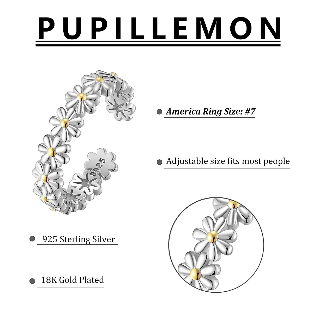 PUPILLEMON Sterling Silver Adjustable Daisy Flower Rings Jewelry for Women, Stacking Dainty Open Womens Rings