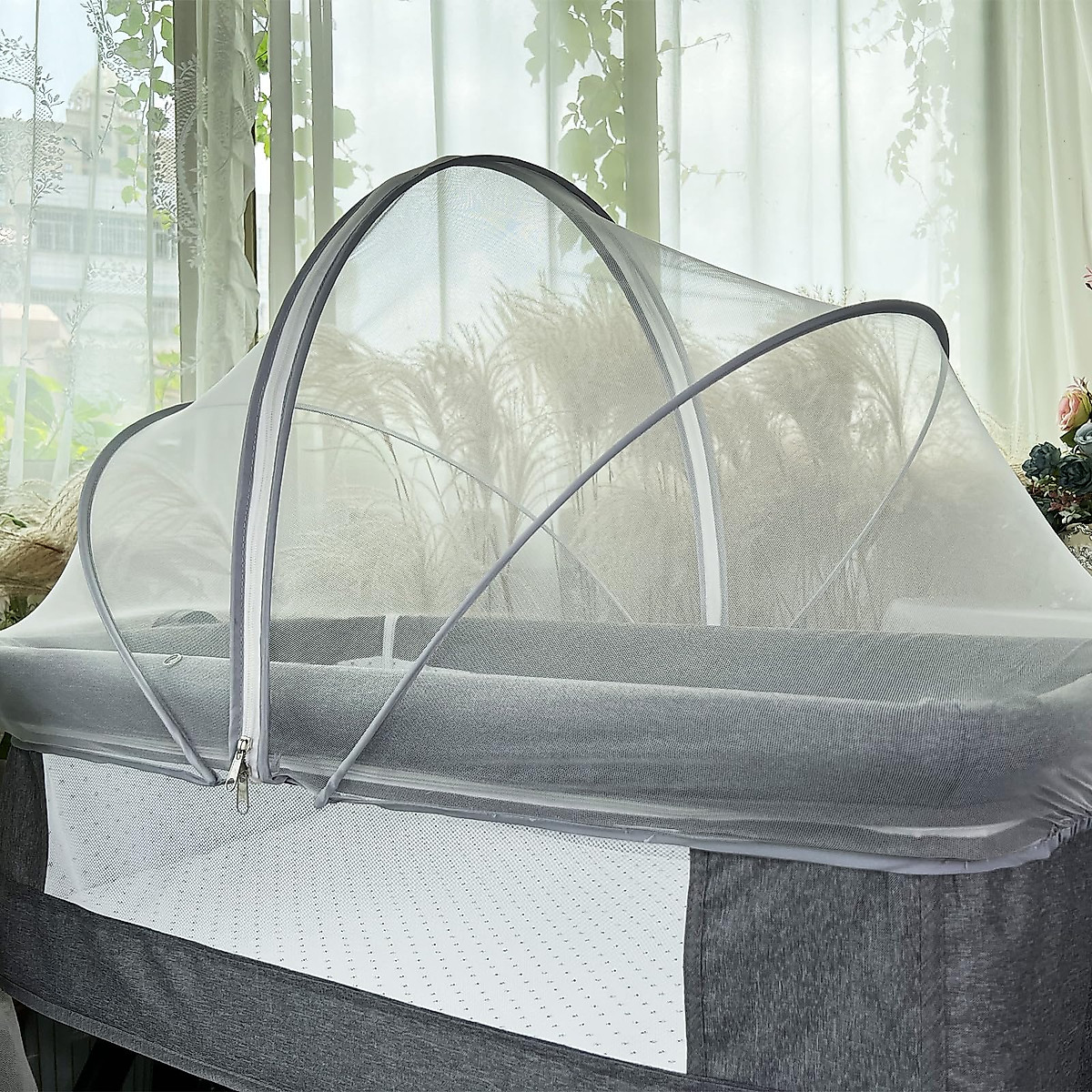 DUSHARKFUN Mosquito Net for Babies Crib to Keep Insects/Bugs/Cats Out, Toddler Bassinet/Bedside Sleeper/Crib Tent Safety Net with Two-Way Zippers & Storage Bag, Breathable Mesh Holes, White