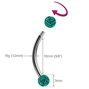 Evonix 2pc 16g Curved Barbell 10mm Crystal Nipple Ring Cartilage Rook Daith Eyebrow Helix Blue Zircona