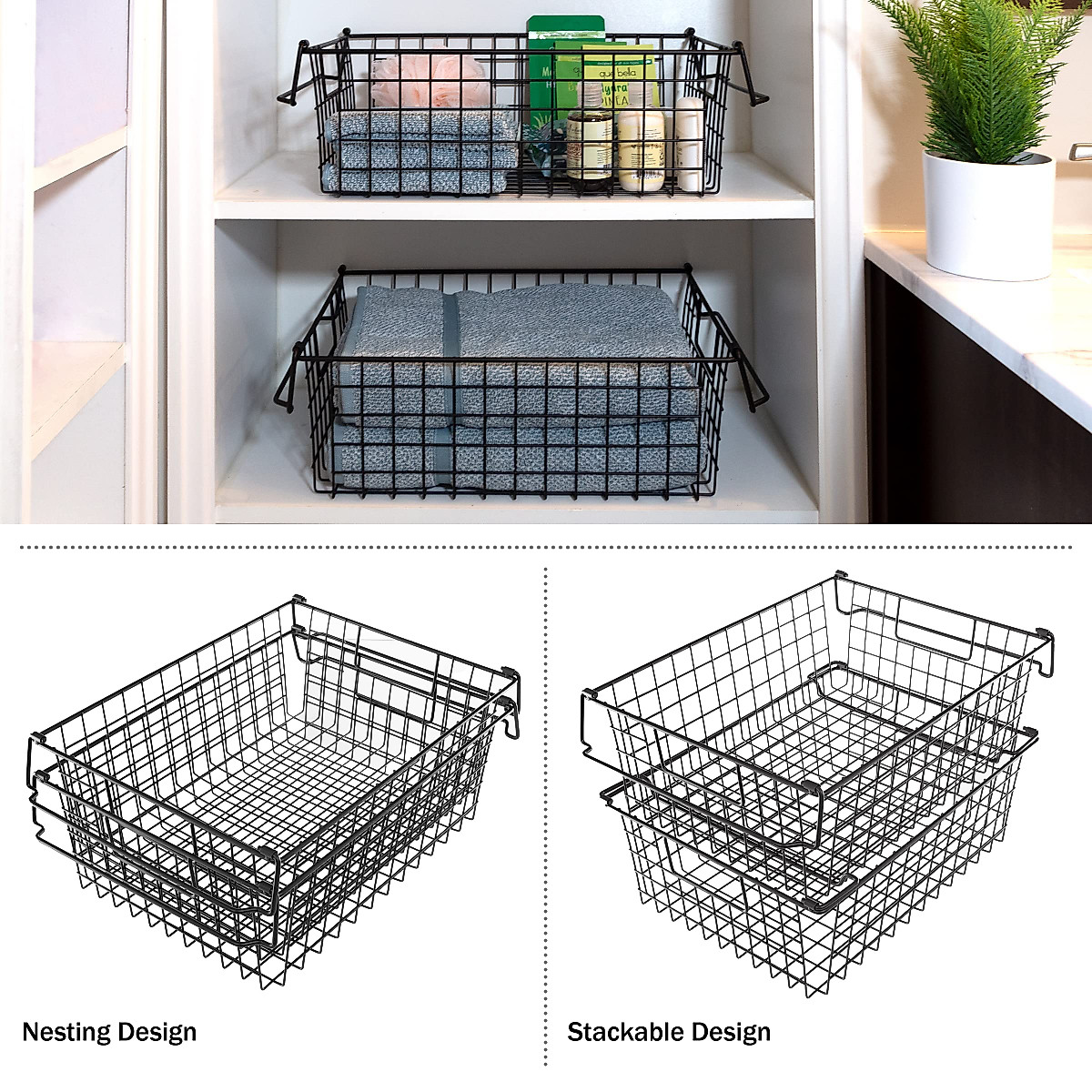 Home-Complete Nesting Storage Bins Stackable Wire Baskets, Set of 2, Large, Black, 2 Each