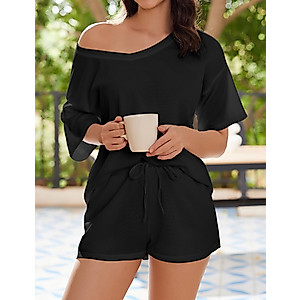 Ekouaer Womens 2 Piece Short Sleeve Waffle Knit V Neck Off Shoulder Casual Loose Fit Sweatsuit Outfits Black L