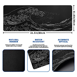 Japanese Gaming Mouse Pad Abstract Black Mouse Pad 31.5x11.8 Inch Black Sea Wave Texture Non-Slip Rubber Base Large Ocean Mousepad Stitched Edges Keyboard Mouse Mat Desk Pad for Office and Home
