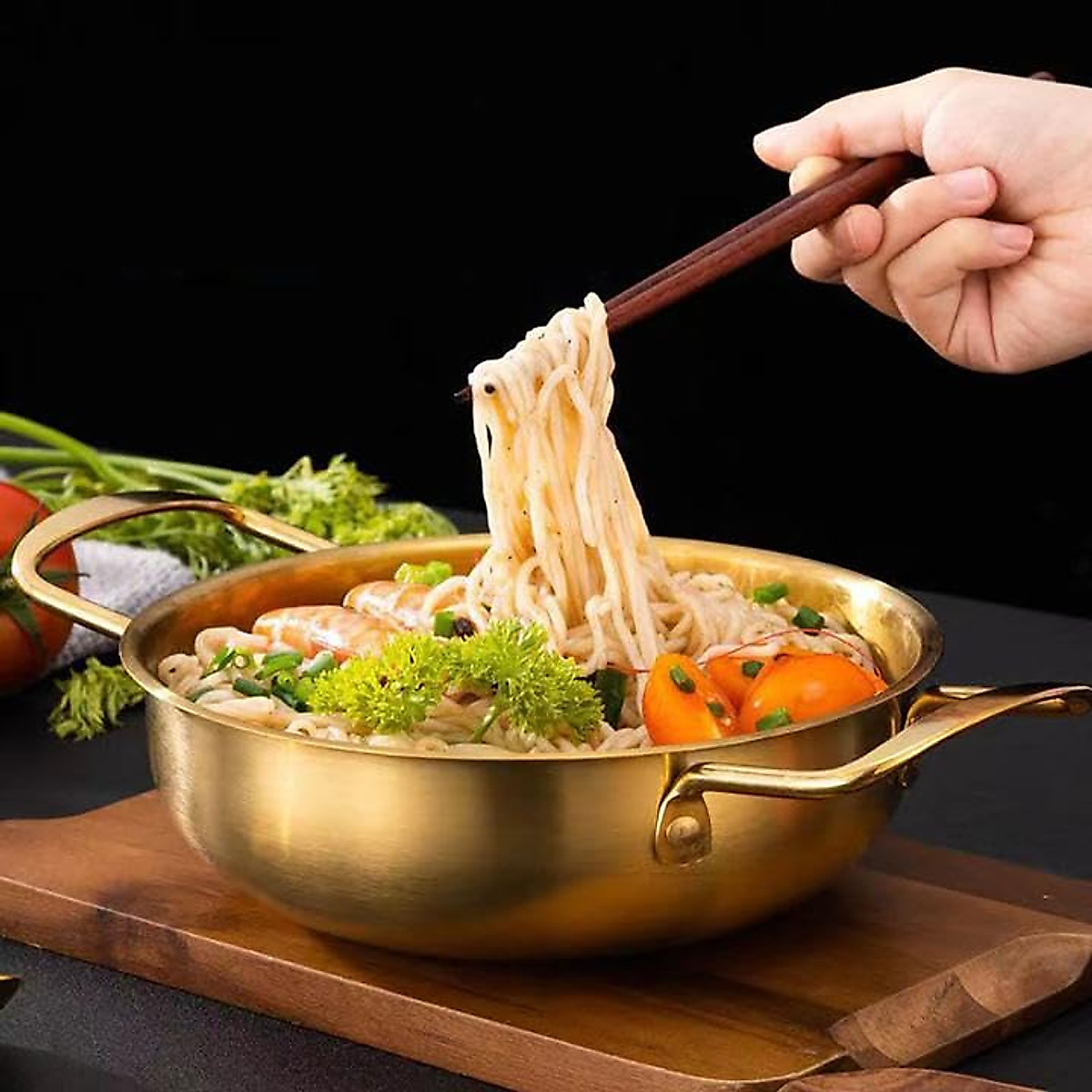 MBBITL Paella Pan Skillet Pan Gold Stainless Steel Serving Pan 8.6 Inches for Hot Pot Dry Pot Seafood Cooking