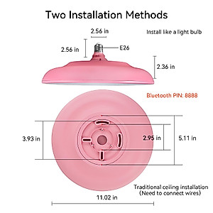 ASALL Pink Waterproof LED Ceiling Light Fixture,Music Ceiling Lamp,with Bluetooth Speaker,11Inch 18W, 2700K-6500K Dimmable RGB Color Changing Light with Remote Control,Suitable for Girls' Room